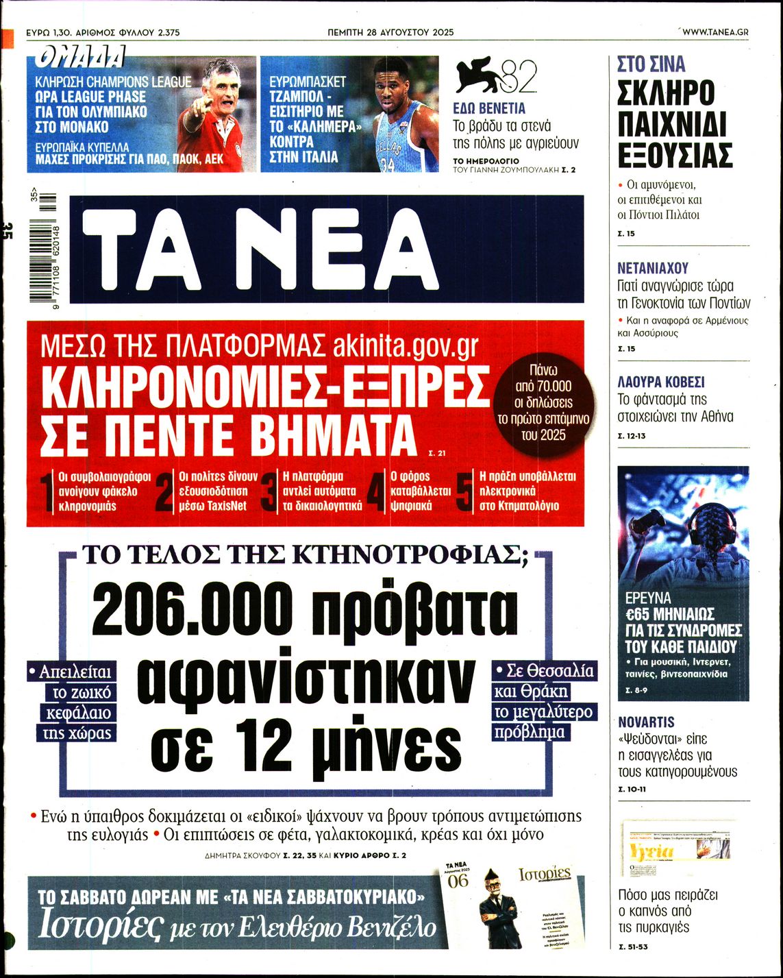 ΤΑ ΝΕΑ - Πρωτοσέλιδο Εφημερίδας